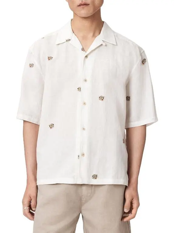 ALLSAINTS Feline Embroidered Linen & Cotton Camp Shirt - Ecru