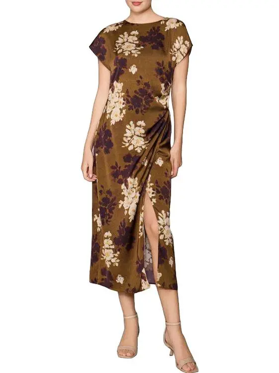 MELLODAY Cap Sleeve Satin Midi Dress - Cumin Multi