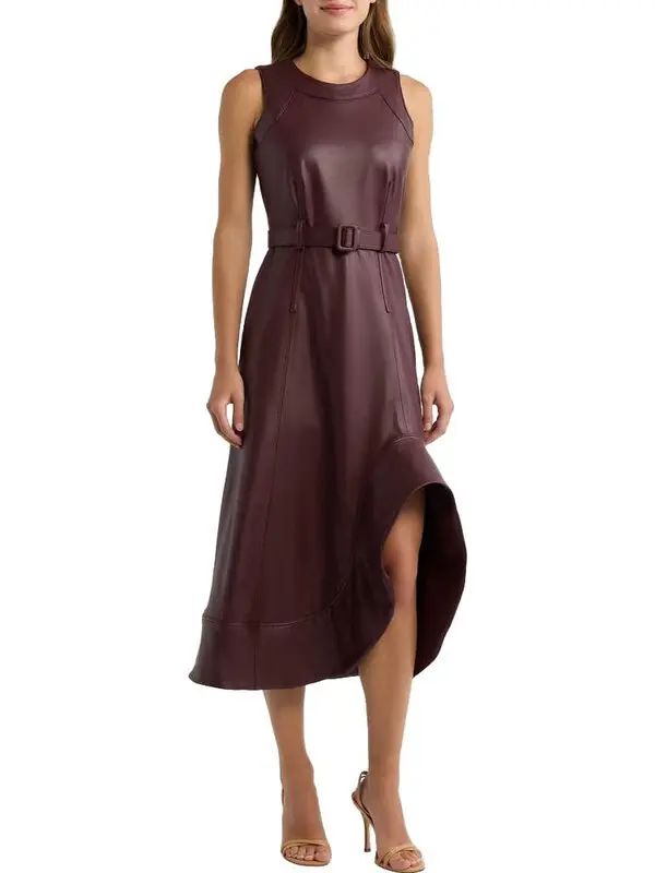 Anne Klein Asymmetrical Hem Faux Leather A-line Midi Dress - Barolo