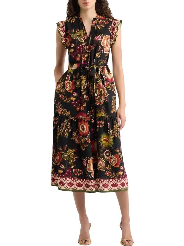 Julia Jordan Floral Border Print Midi Dress - Black Multi