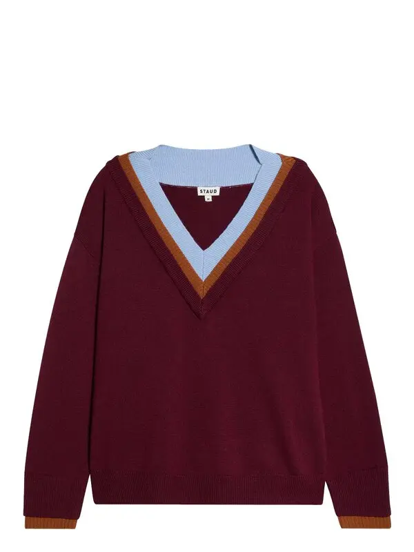 Staud Norman Contrast Detail V-neck Merino Wool Sweater - Pinot Multi