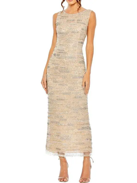 Mac Duggal Sleeveless Embellished Fringe Hem Sheath Gown - Nude