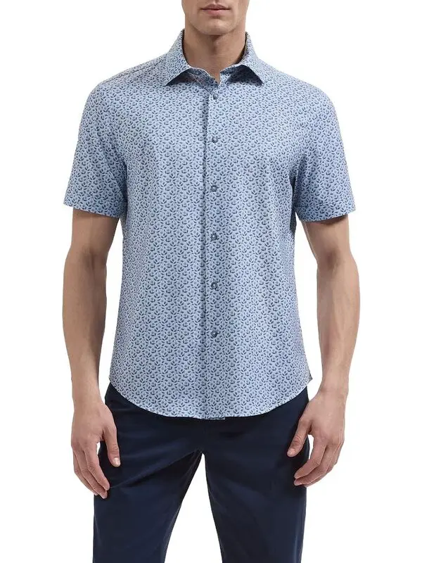 Bugatchi Miles Ooohcotton® Print Short Sleeve Button-up Shirt - Hazy Blue
