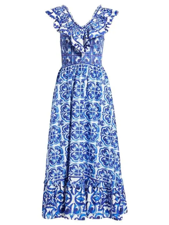 LAYERED WITH LOVE Alessandra Tile Print Maxi Dress - Blue Tile