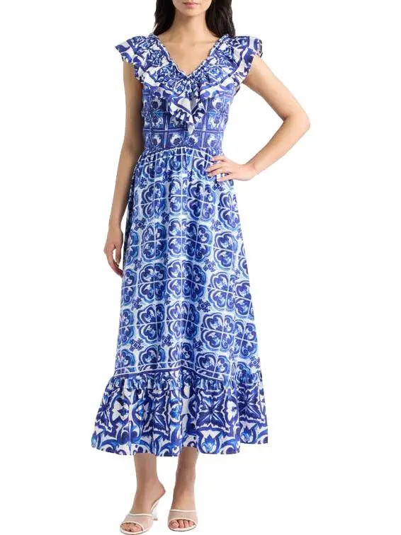 LAYERED WITH LOVE Alessandra Tile Print Maxi Dress - Blue Tile