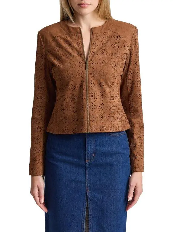 Bagatelle Eyelet Faux Suede Jacket - Saddle
