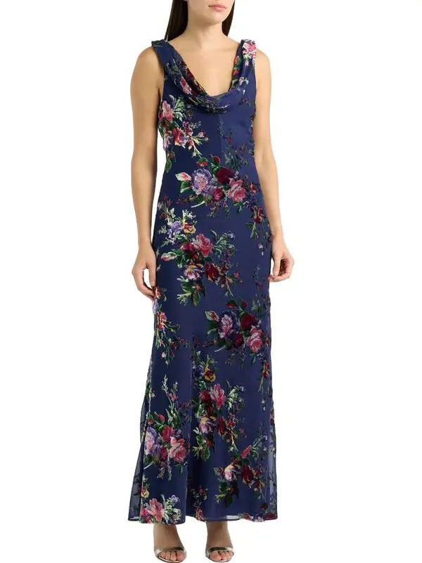 HUTCH Khloe Floral Burnout Maxi Dress - Navy