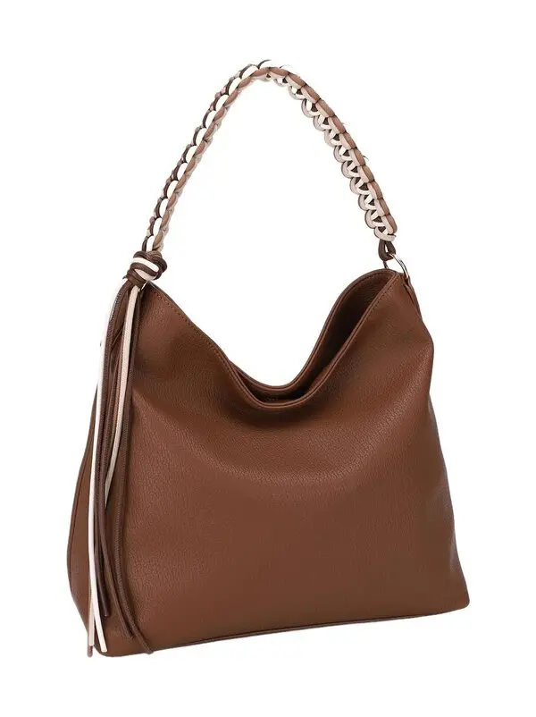 MALI + LILI Bree Large Faux Leather Hobo With Braided Handle And Tassels - Chocolate