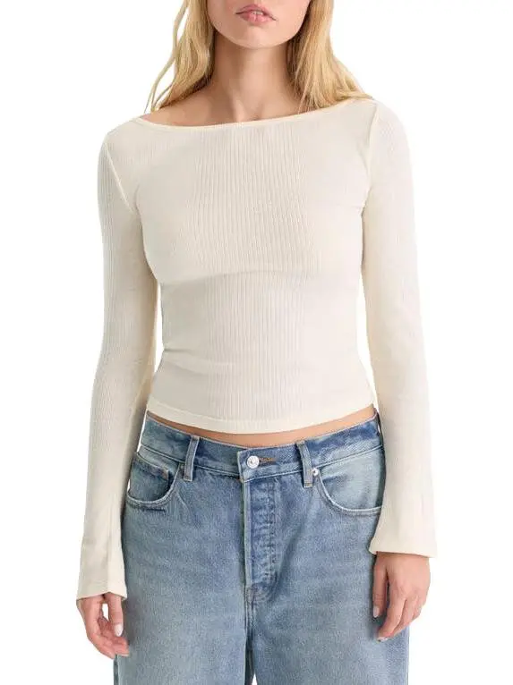 Good American Variegated Rib Long Sleeve T-shirt - Chalk