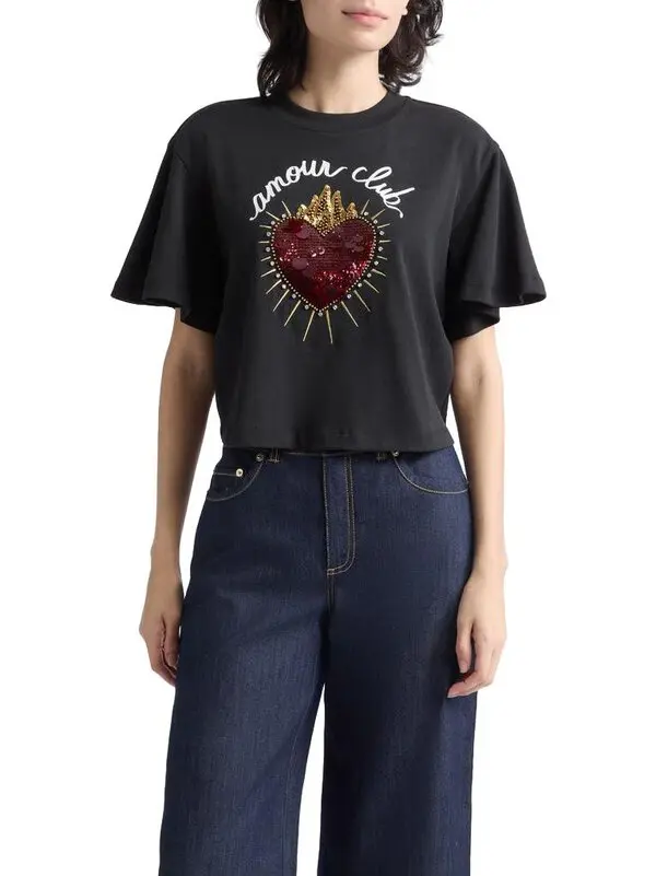 Cinq À Sept Orsa Flutter Sleeve Sequined Heart Graphic T-shirt - Black