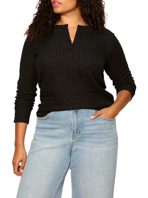 Sanctuary Textured Henley Top With Button Placket - Black