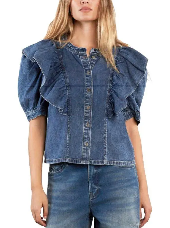 WASH LAB DENIM Daydream Ruffle Denim Shirt - Shine Blue