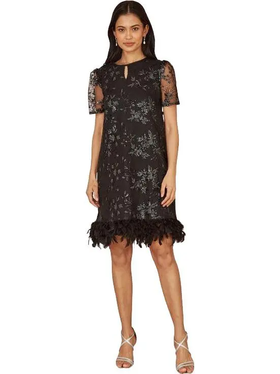 YUMI Sequin Embellished Floral Tunic Dress With Feather Trim - Black