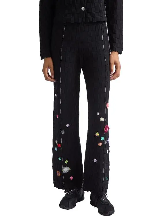 YANYAN Floral Rose Check Organic Cotton Sweater Pants - Black
