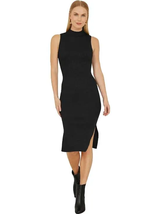 YUMI Fitted Side-slit High-neck Midi Dress - Black