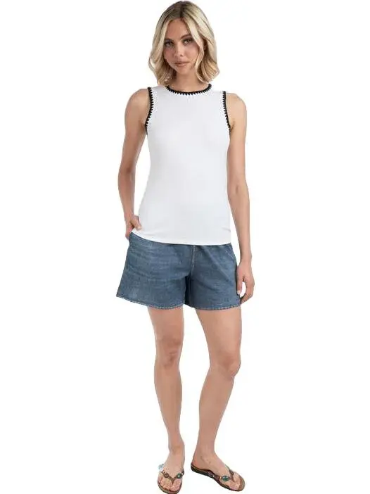 ELLE COLLECTION Ribbed Knit Tank Top With Embroidered Trim - White