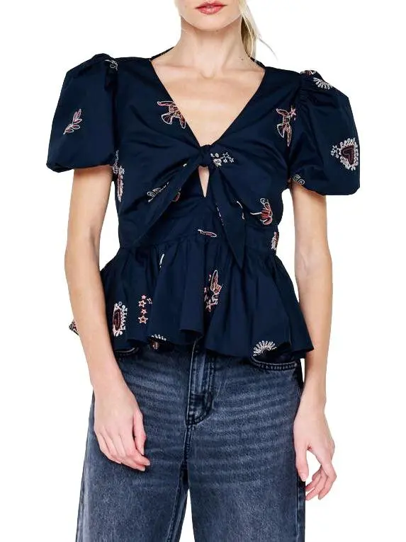 CIEBON Liyana Embroidered Tie Front Peplum Top - Black