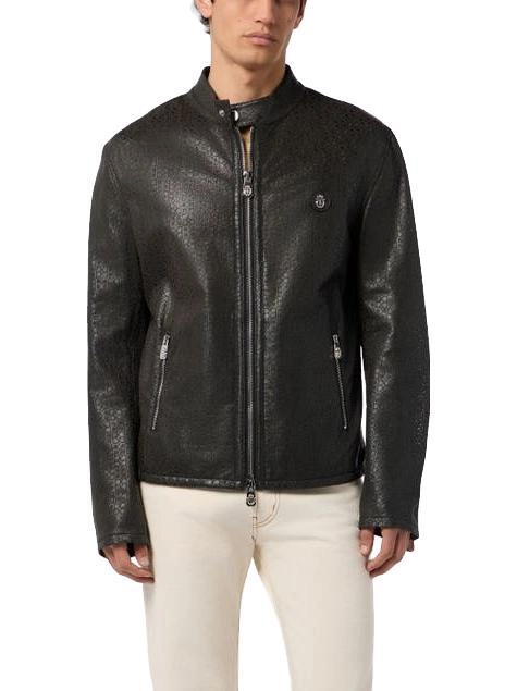 BILLIONAIRE Perforated Leather Moto Jacket - Black
