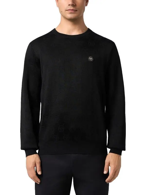 Philipp Plein Merino Wool Round Neck Pullover Monogram - Black