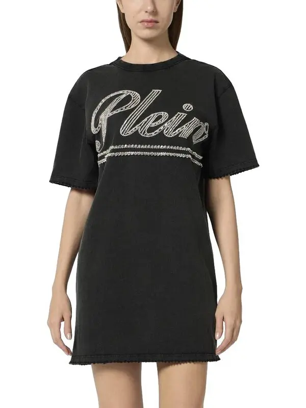 Philipp Plein Open Back T-shirt Dress Strass Signature - Black