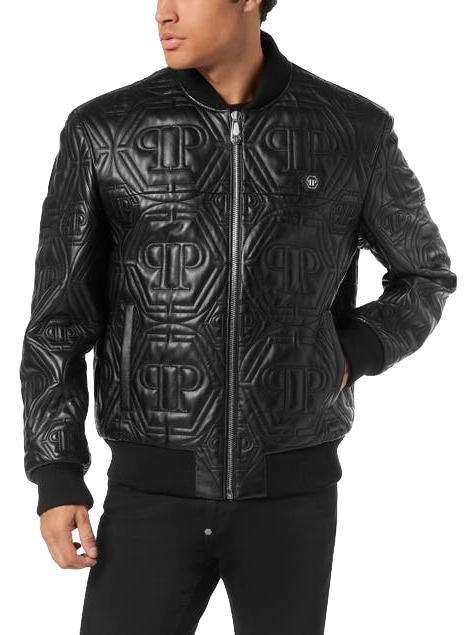 Philipp Plein Embossed Leather Bomber Monogram - Black