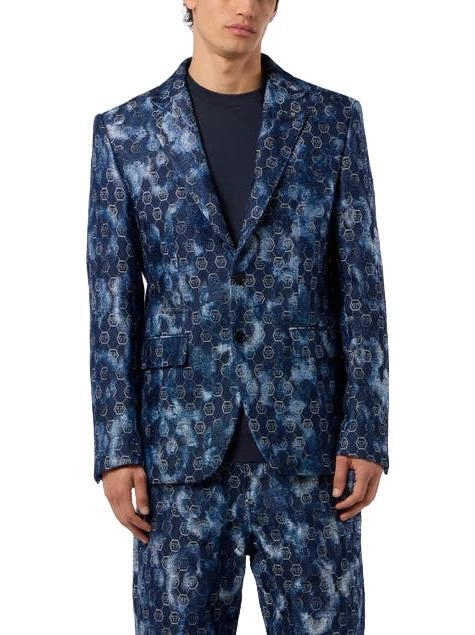 Philipp Plein Jacquard Denim Blazer Monogram - Navy