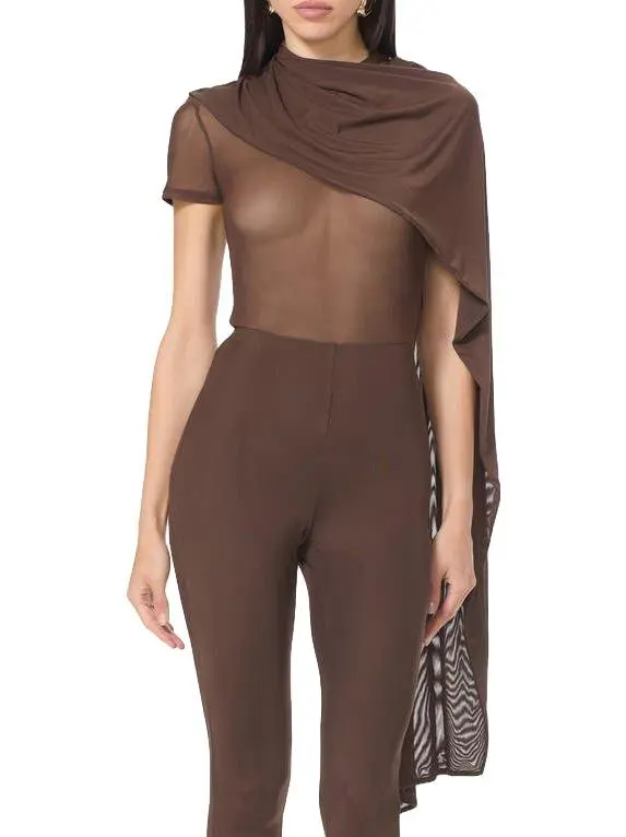 AFRM Fiona Asymmetrical Scarf Detail Mesh Top - Espresso