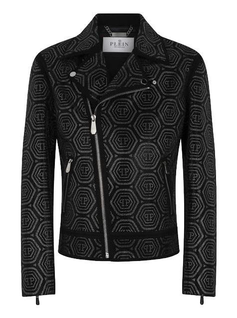 Philipp Plein Suede Biker Jacket Monogram Stones - Black