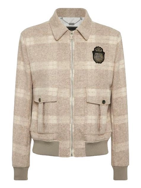 BILLIONAIRE Wool Check Jacket With Crest Detail - Beige