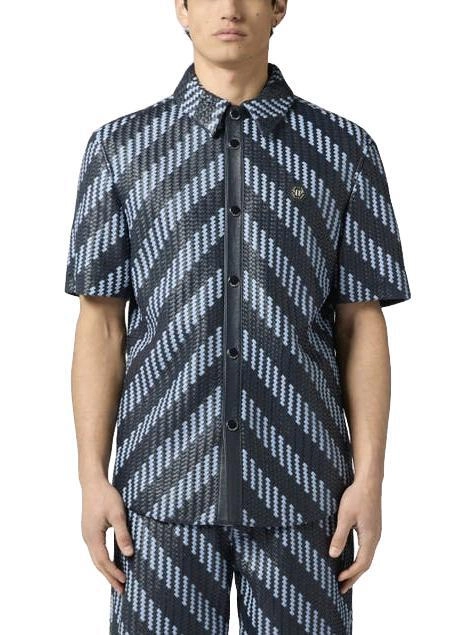 Philipp Plein Weaved Leather Shortsleeve Shirt Stripes - Navy