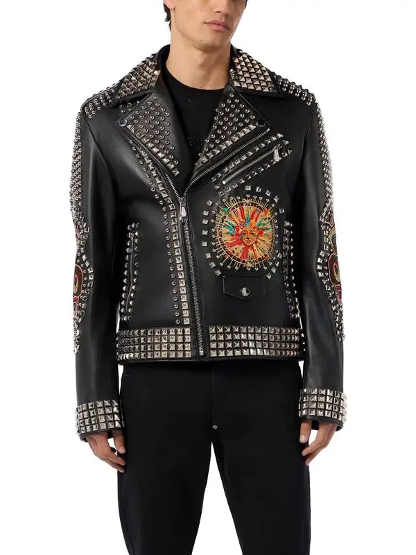 Philipp Plein Vintage Leather Biker Jacket Studs &amp; Patches - Black