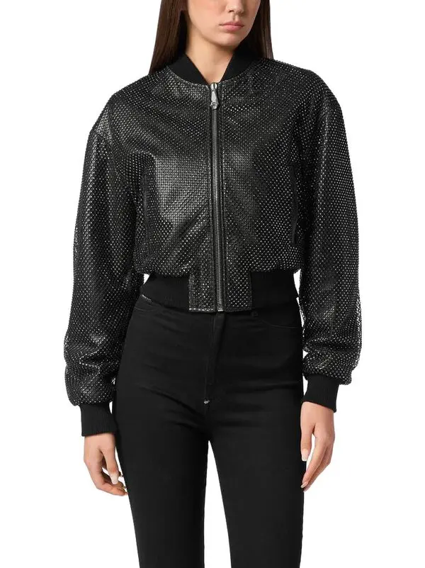 Philipp Plein Embellished Leather Crop Bomber Jacket - Black