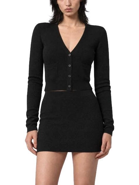 Philipp Plein Jacquard Monogram Merino Wool Cropped Cardigan - Black