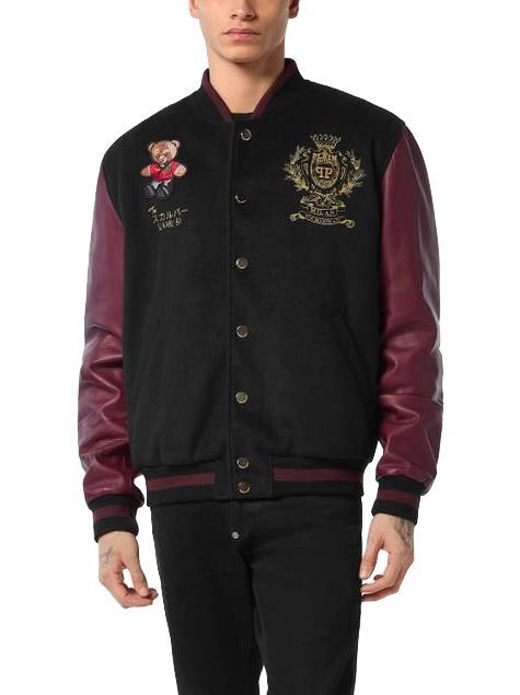 Philipp Plein Leather And Wool Varsity Bomber Jacket Teddy Bear - Black