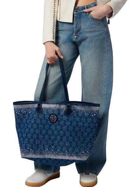 Philipp Plein Denim Shopper Bag Monogram Strass - Lightblue