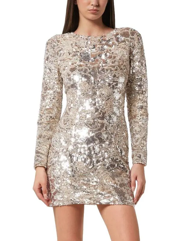 Philipp Plein Embroidered Long-sleeved Mini Dress Crystal Skull - Beige
