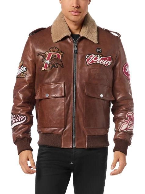 Philipp Plein Nappa Leather And Shearling Aviator Jacket Beers - Brown