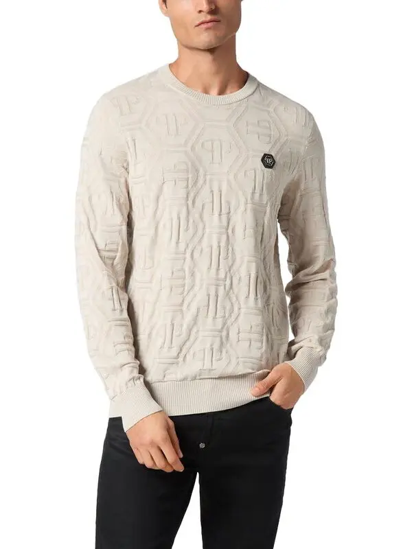 Philipp Plein Jacquard Silk Wool Pullover Round Neck Ls Monogram - Beige