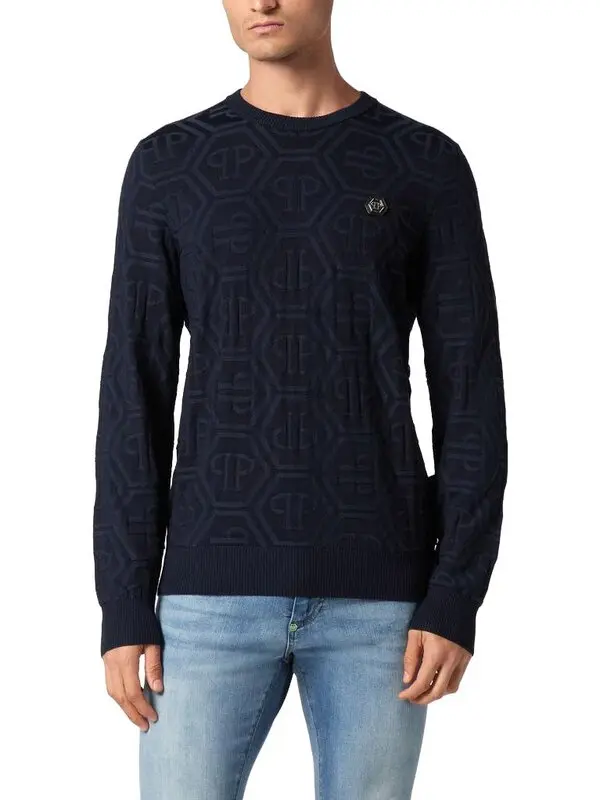 Philipp Plein Jacquard Silk Wool Pullover Round Neck Ls Monogram - Navy