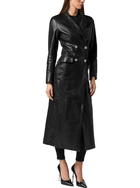 Philipp Plein Double-breasted Leather Long Coat Embossed Signature - Black
