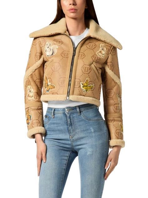 Philipp Plein Cropped Embroidered Leather And Shearling Aviator Jacket - Beige