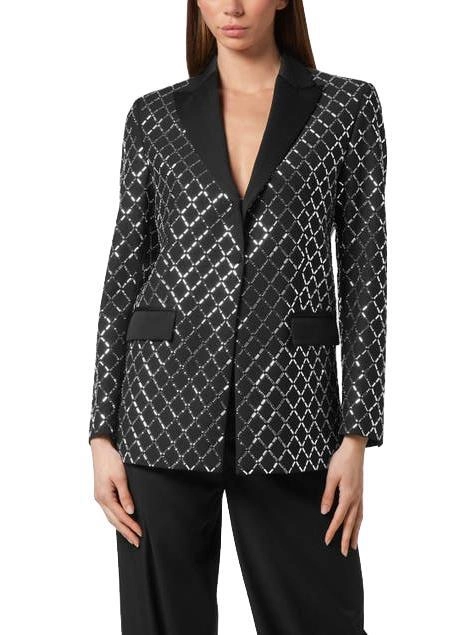Philipp Plein Wool And Satin Boyfriend Fit Blazer Crystal Rhombus - Black