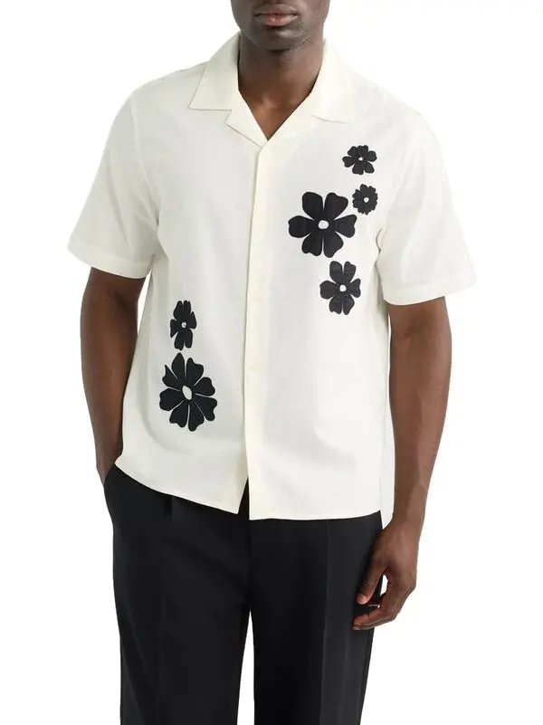 WAX LONDON Didicot Floral Appliqué Cotton & Linen Camp Shirt - Ecru/black