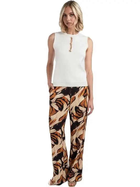 ELLE COLLECTION Sleeveless Knit Top With Button Detailed Keyhole - White