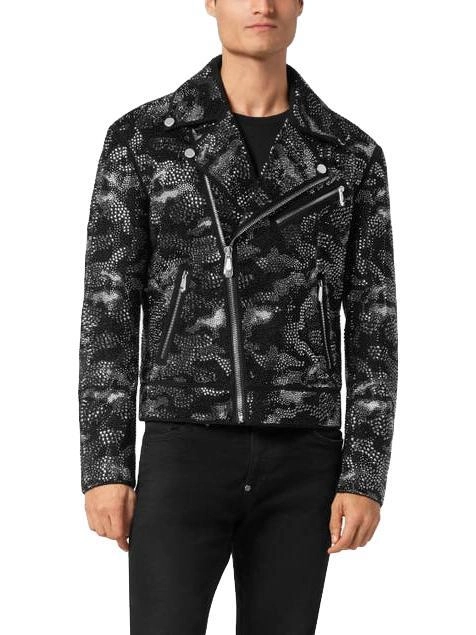 Philipp Plein Strass Leather Biker Jacket Camouflage - Black