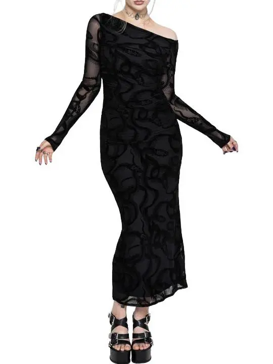 DISTURBIA Paleo Flocked Mesh Maxi Dress - Black