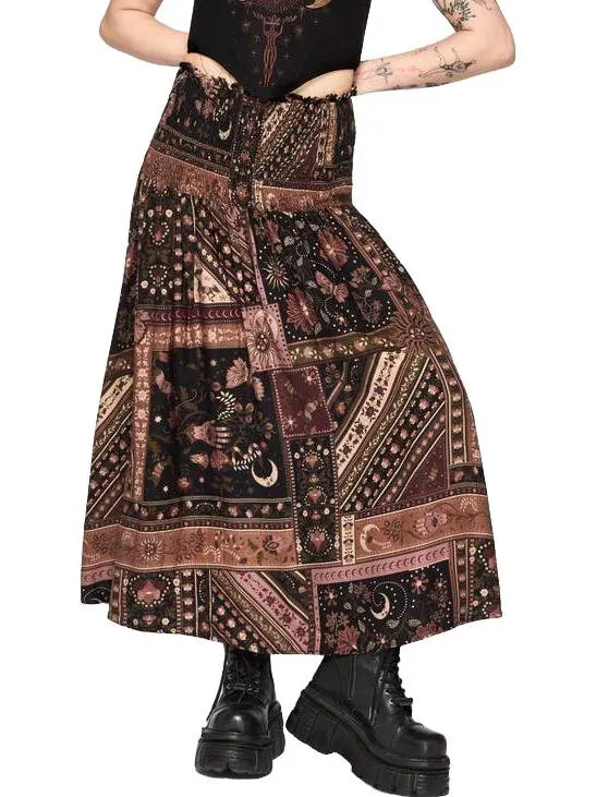DISTURBIA Nola Folk Patchwork Midi Skirt - Black