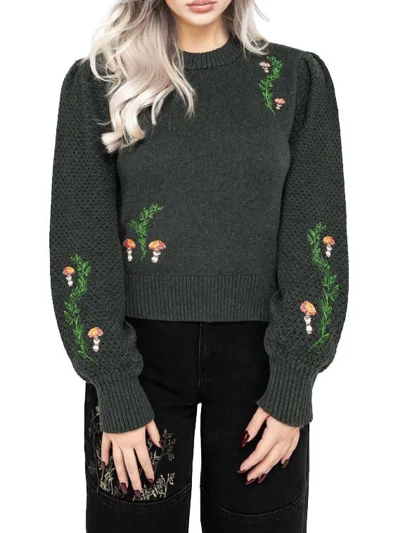 DISTURBIA Fable Embroidered Knit Jumper - Green