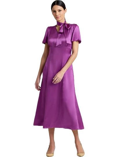 REALLY WILD CLOTHING Nicole Liberty Silk Satin Tie Neck Dress - Amethyst