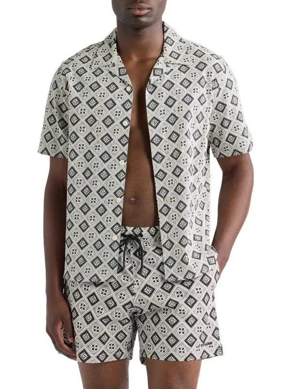 WAX LONDON Didicot Tile Print Stretch Cotton Camp Shirt - Ecru/black